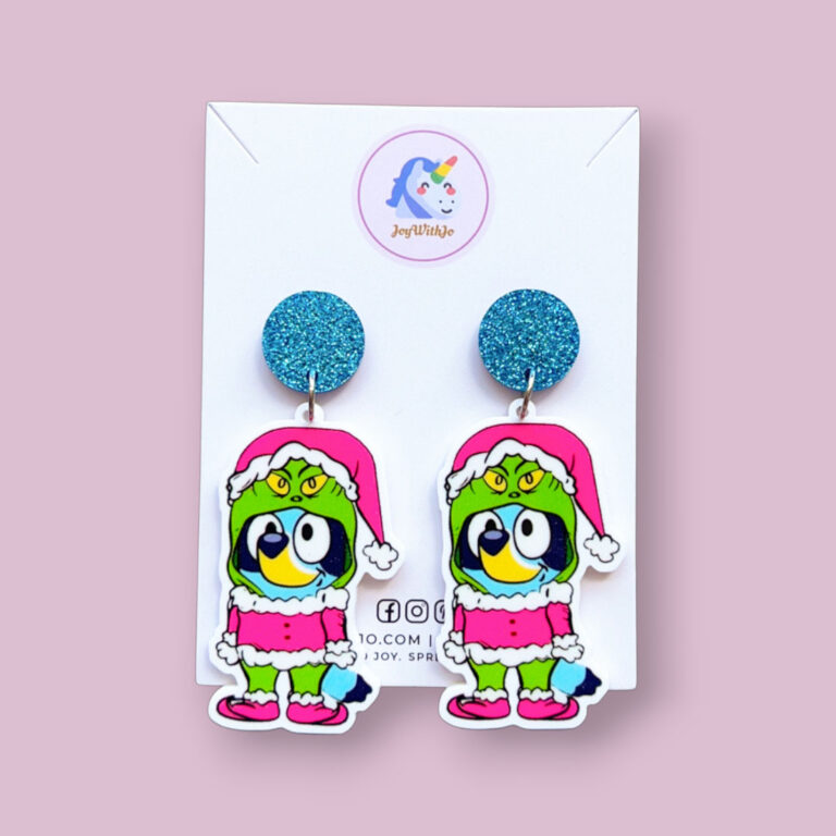 Cute Grinch Bluey Christmas Earrings ~ Pink - Joy With Jo